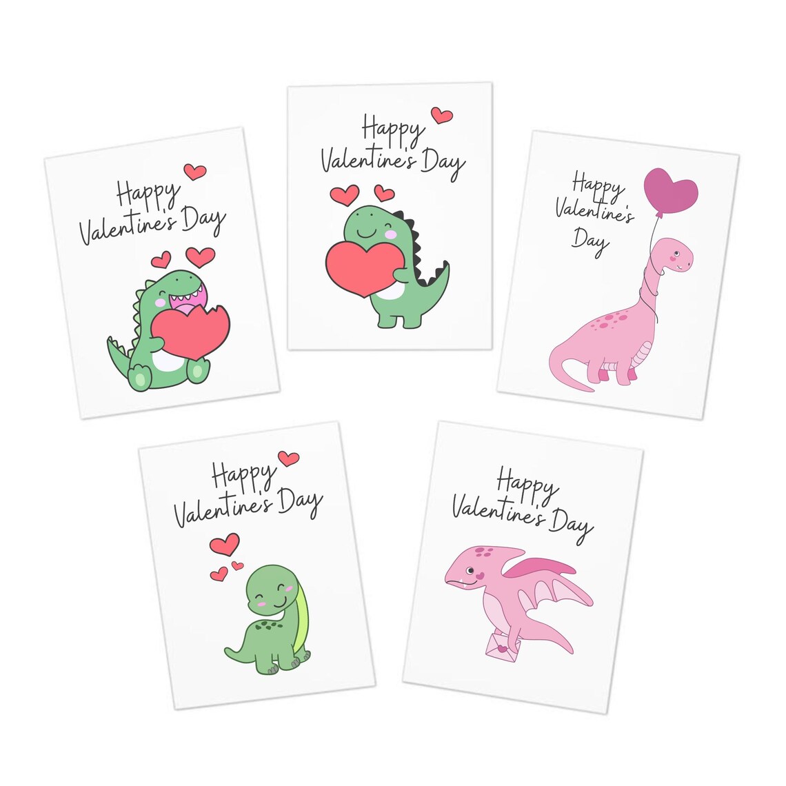 Dinosaur Valentines Day Cards Set of 5 Cute and Whimsical Greeting ...