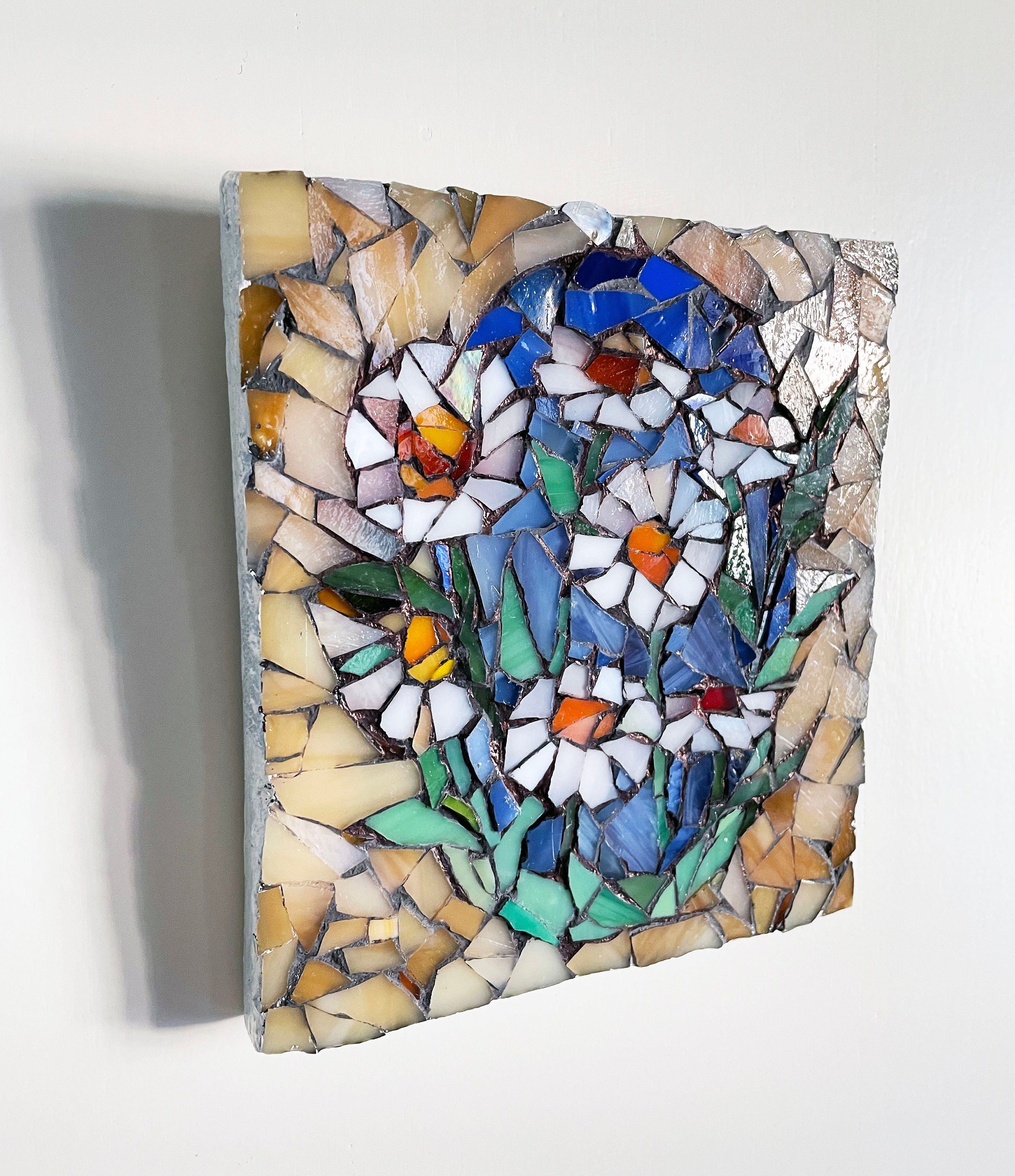 Daisies in Vintage Blue & Sepia Background Stained Glass Mosaic Wall ...