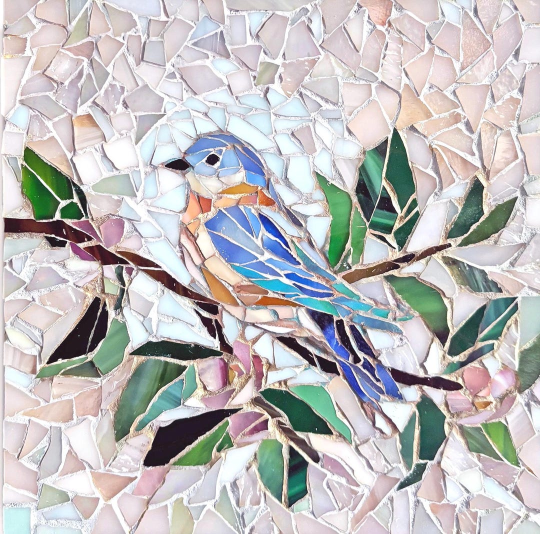 Blue Bird on Apple Tree With Blossoms Handmade Stained Glass Mosaic ...