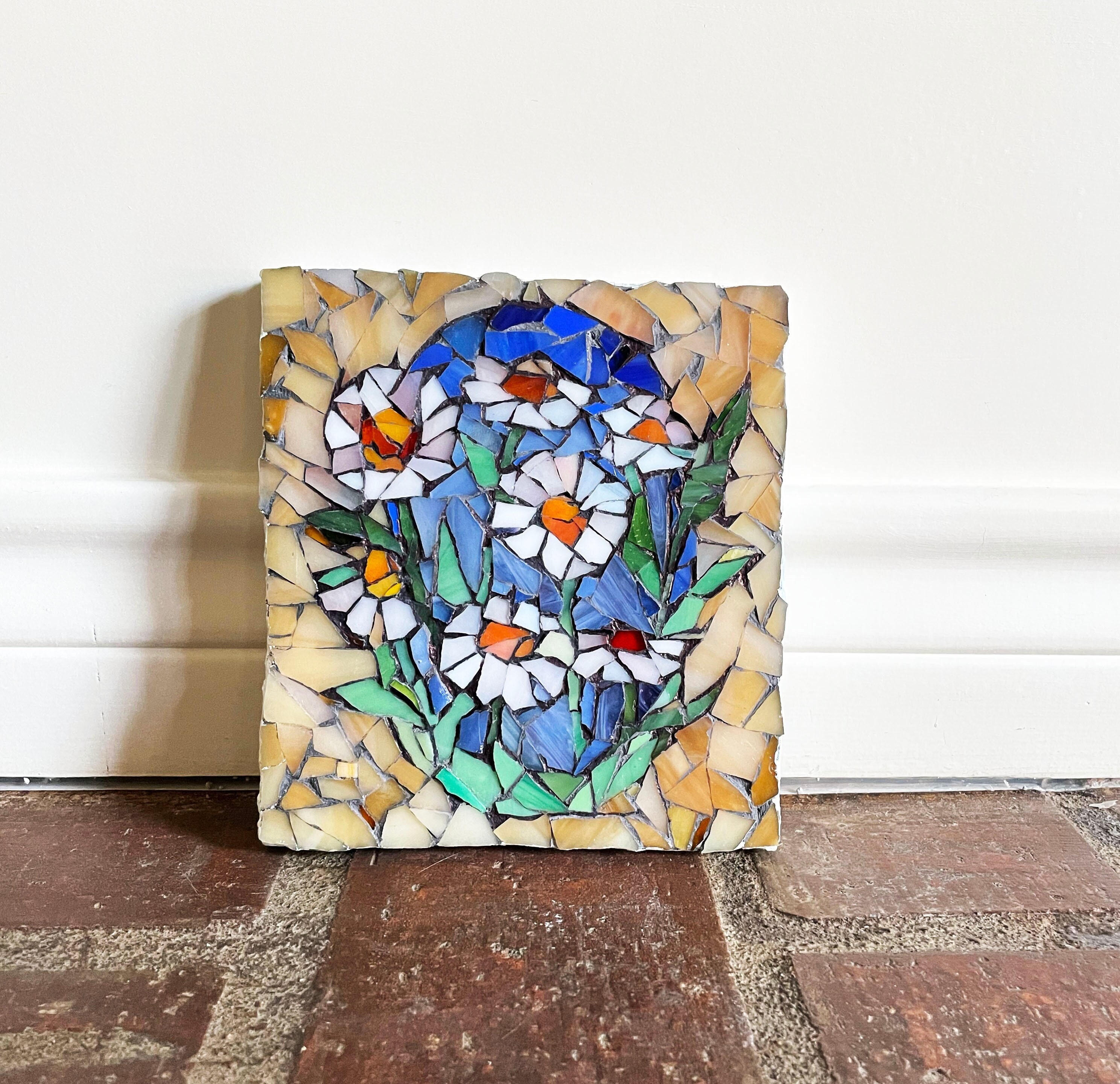 Daisies in Vintage Blue & Sepia Background Stained Glass Mosaic Wall ...