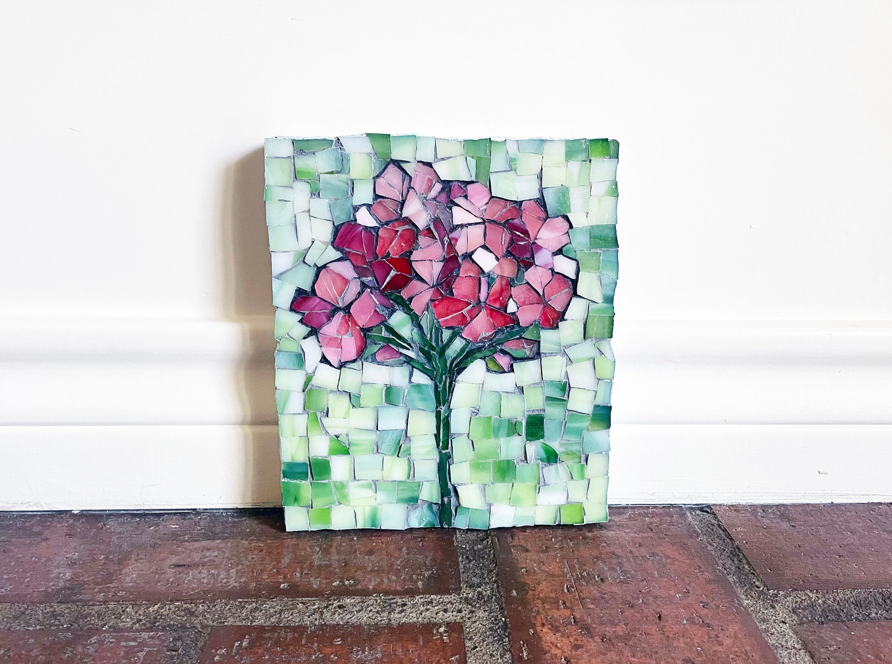 Pink Geranium in Green Background Stained Glass Mosaic Wall Art With ...
