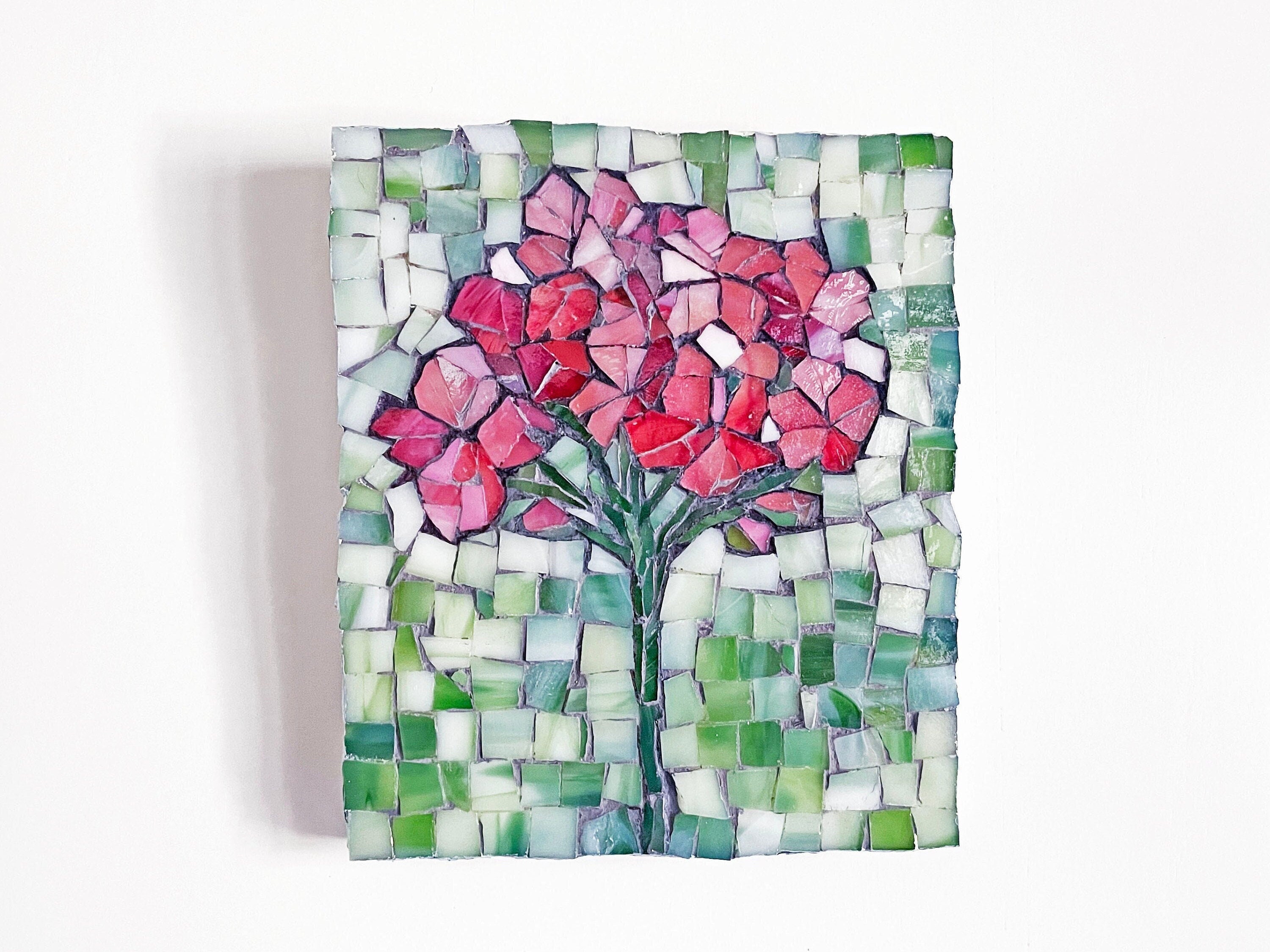 Pink Geranium in Green Background Stained Glass Mosaic Wall Art With ...