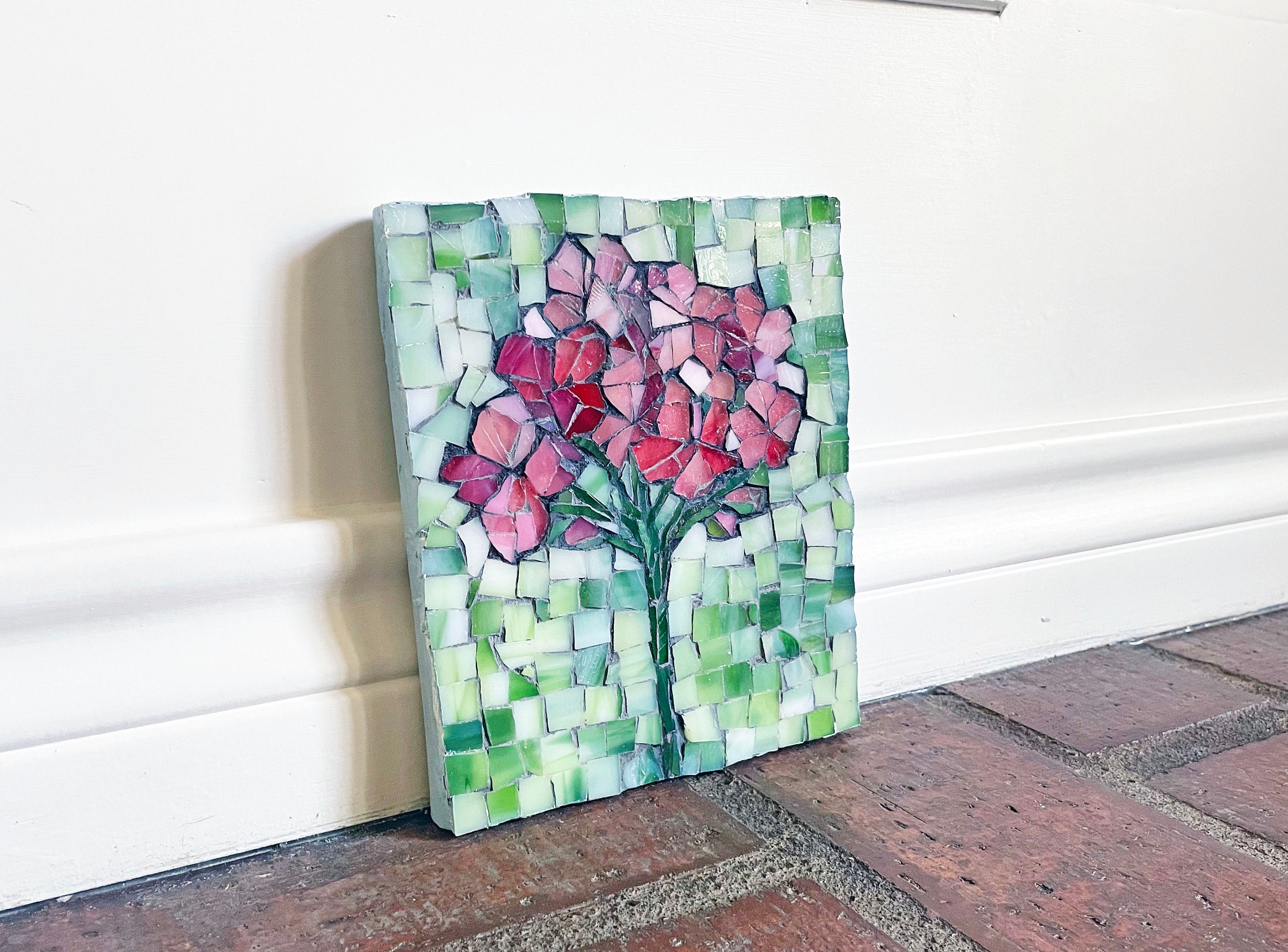 Pink Geranium in Green Background Stained Glass Mosaic Wall Art With ...