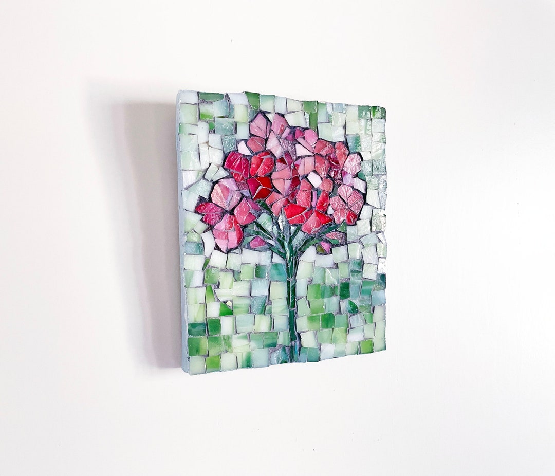 Pink Geranium in Green Background Stained Glass Mosaic Wall Art With ...