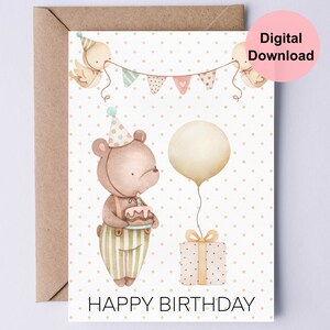 Printable Birthday Card / Happy Birthday Card / Cute Bear With Cake and ...