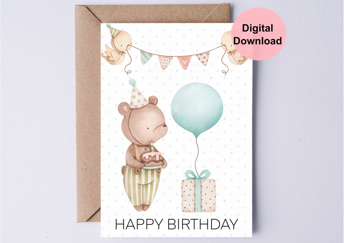 Printable Birthday Card / Happy Birthday Card / Cute Bear With - Etsy