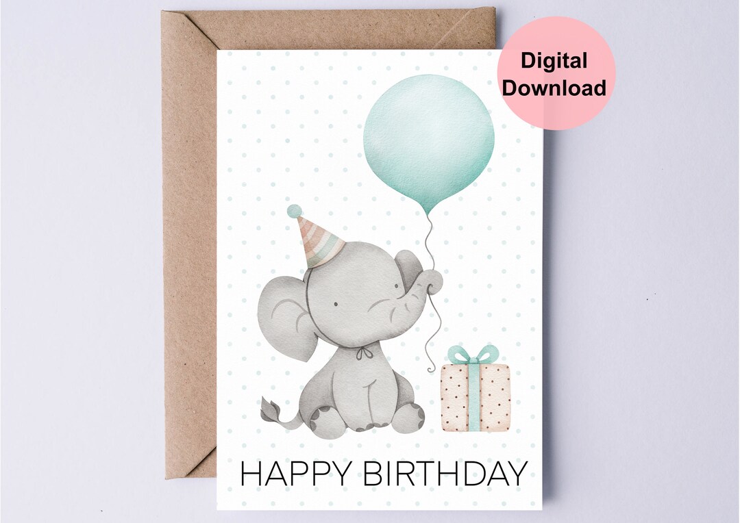 Printable Birthday Card / Happy Birthday Card / Cute Elephant With Blue ...
