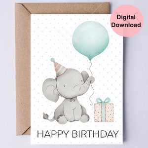 Printable Birthday Card / Happy Birthday Card / Cute Elephant With Blue ...