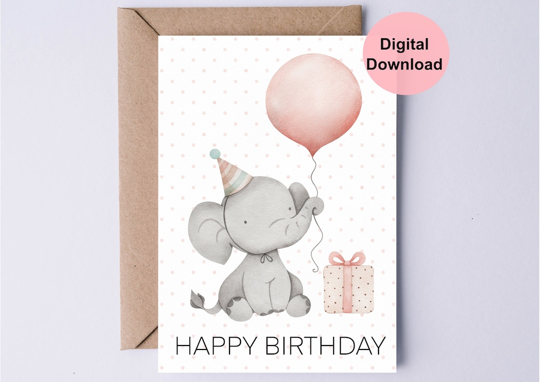 Printable Birthday Card / Happy Birthday Card / Cute Elephant With Pink ...
