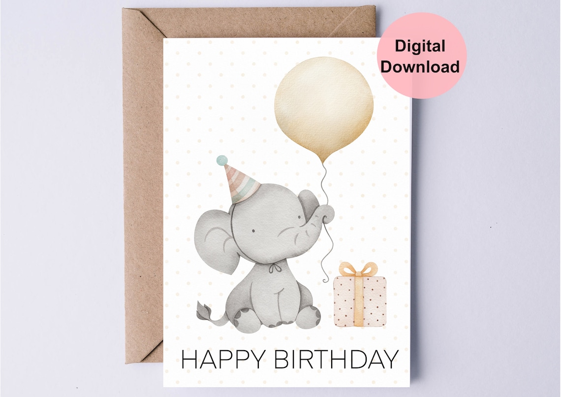 Printable Birthday Card / Happy Birthday Card / Cute Elephant With ...