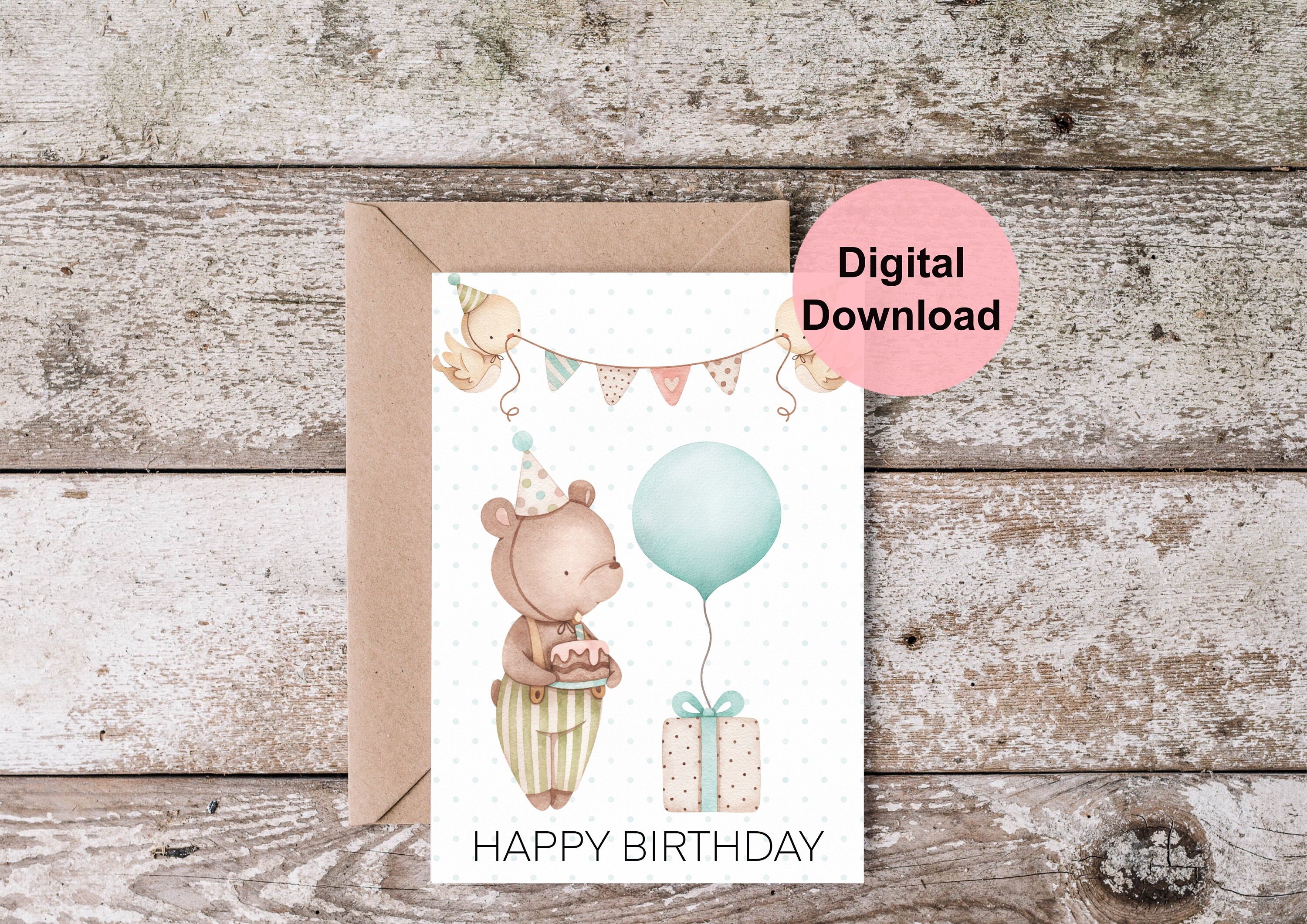 Printable Birthday Card / Happy Birthday Card / Cute Bear With Cake and ...