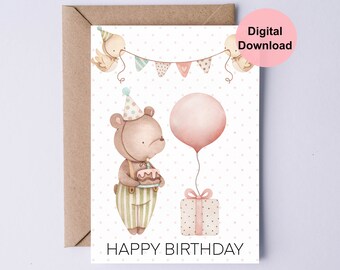 Printable Birthday Card / Happy Birthday Card / Cute Bear With | Etsy