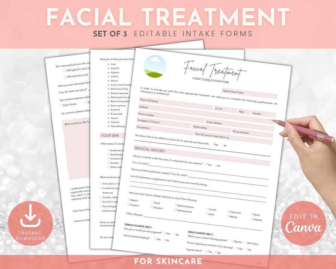 Editable Esthetician Forms for Facial Skin Care, Facial Intake ...