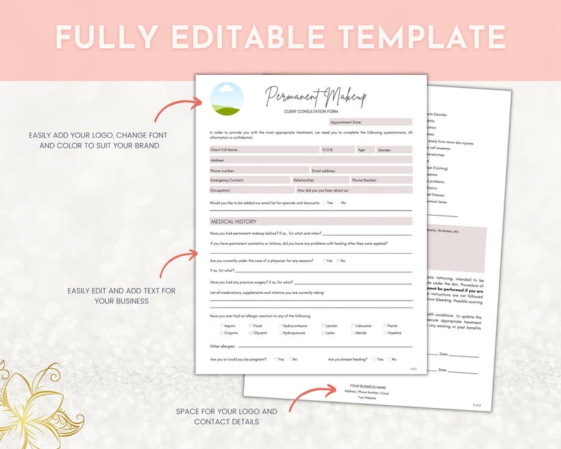 Editable PMU Forms for Esthetician, Permanent Makeup Client Intake Form ...