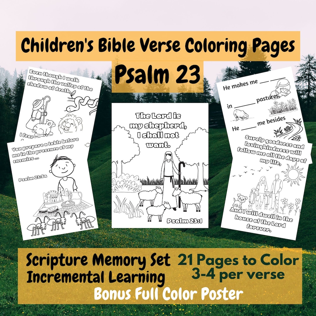 Psalm 23 Bible Verse Scripture Memory Coloring Page Set for Children ...