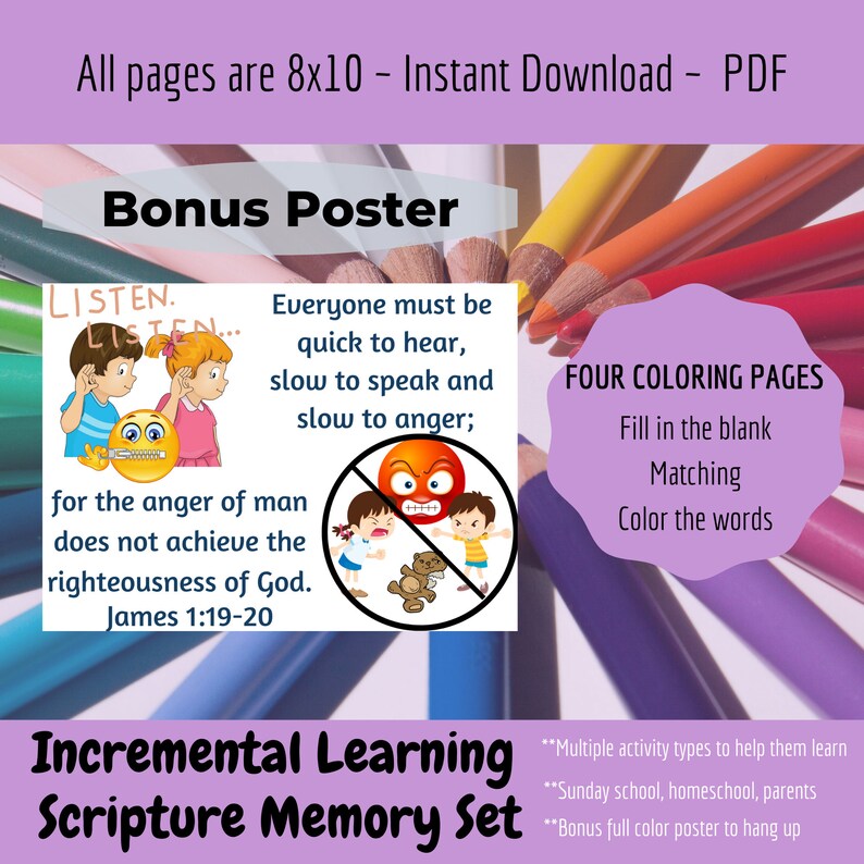 James 1:19-20 Bible Verse Scripture Memory Coloring Page Set for ...