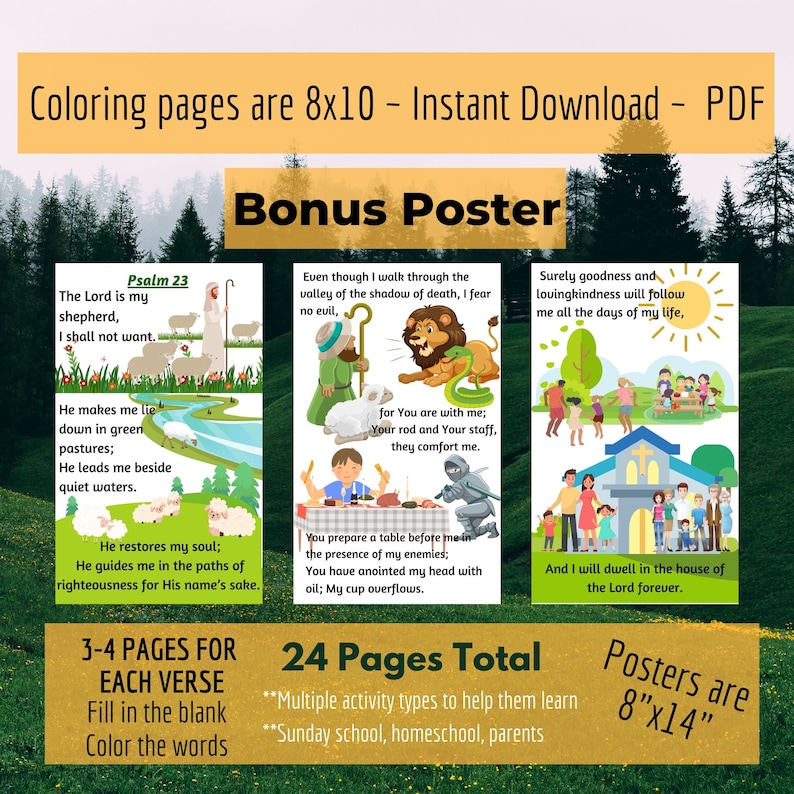 Psalm 23 Bible Verse Scripture Memory Coloring Page Set for Children ...