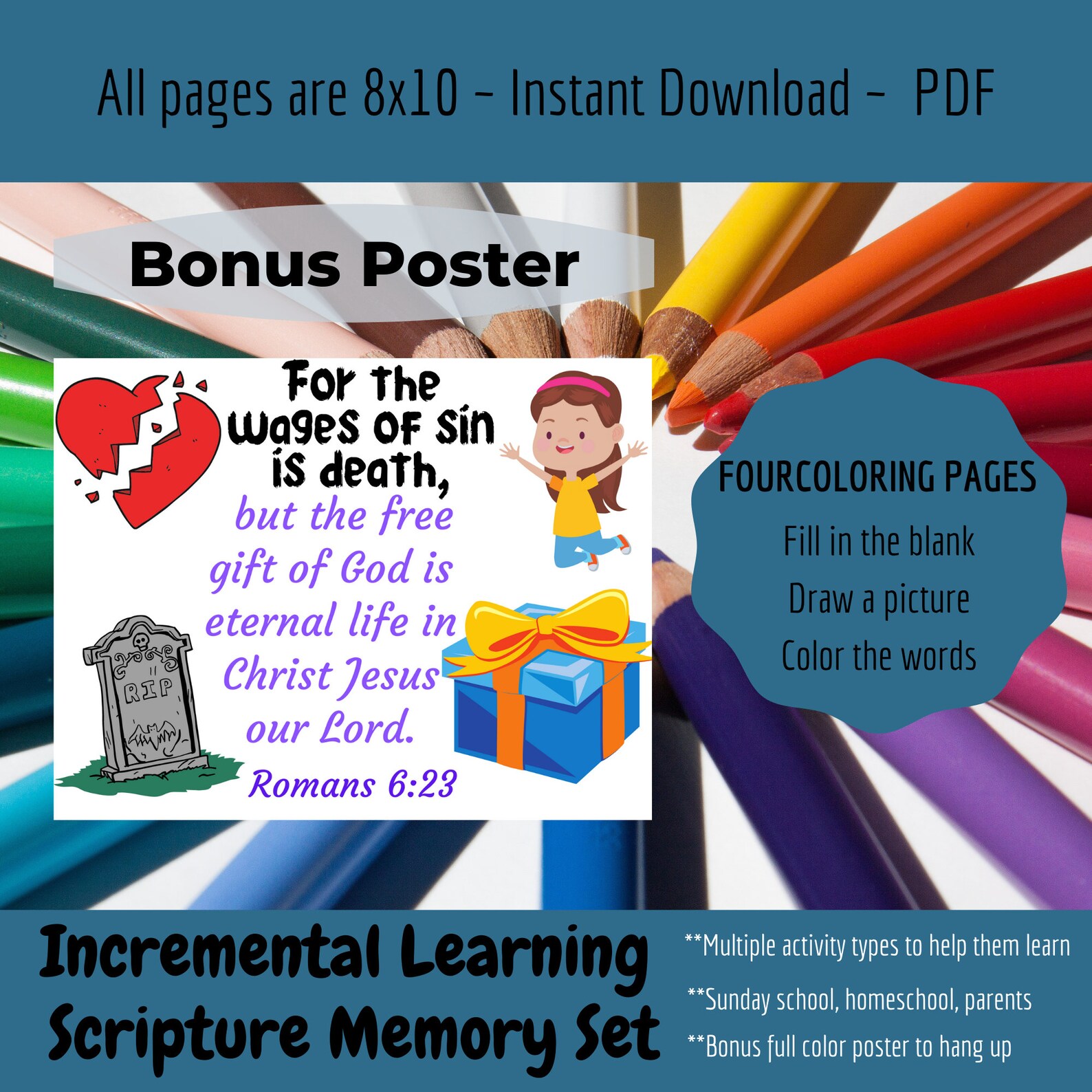 Romans 6:23 Bible Verse Scripture Memory Coloring Page Set for Children ...