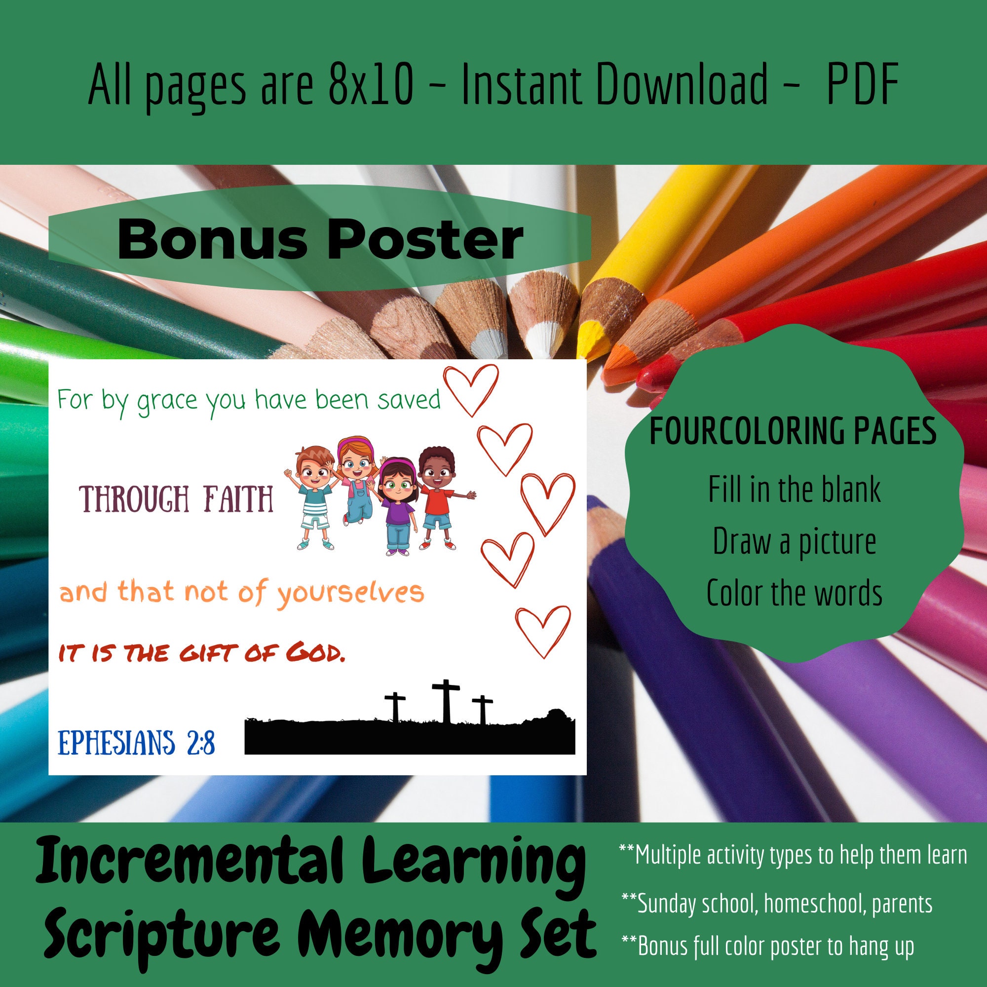 Ephesians 2:8 Bible Verse Scripture Memory Coloring Page Set for ...