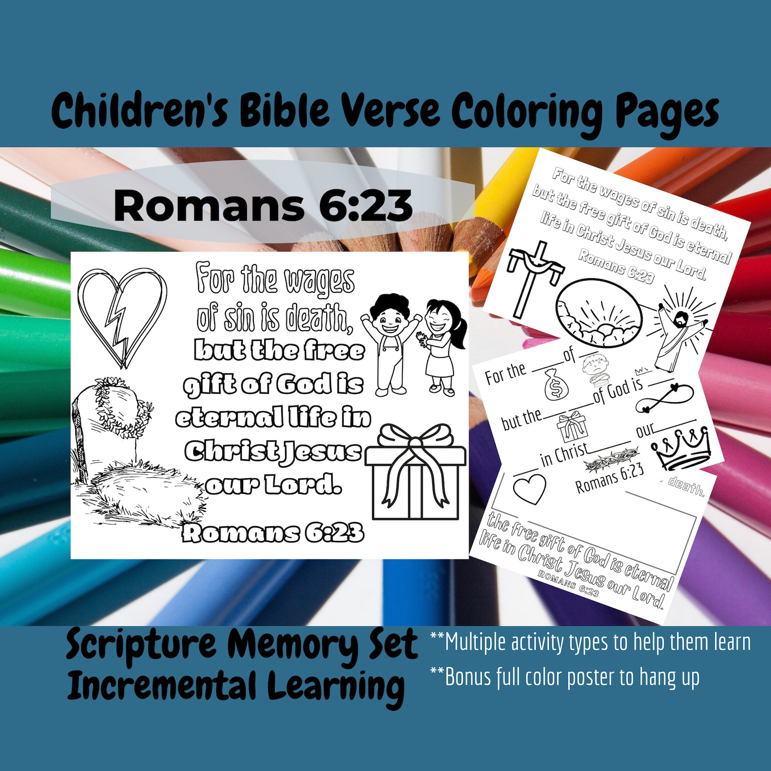Romans 6:23 Bible Verse Scripture Memory Coloring Page Set for Children ...