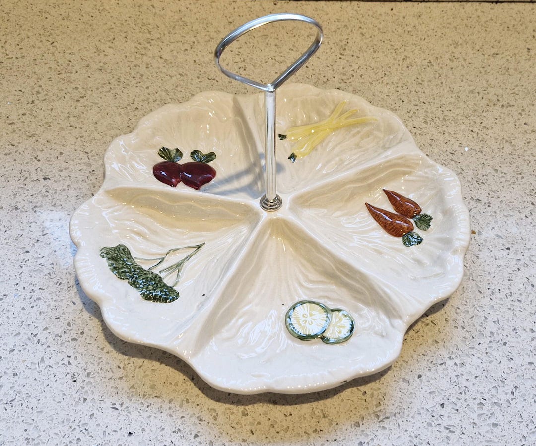 Majolica Crudities Segmented Platter, Cake Stand, Kilsboro Ware, Hand ...