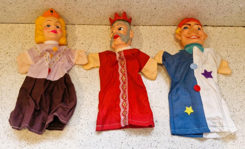 Vintage Hand Puppets, Puppet Theatre Puppets: Queen, King, Jester ...