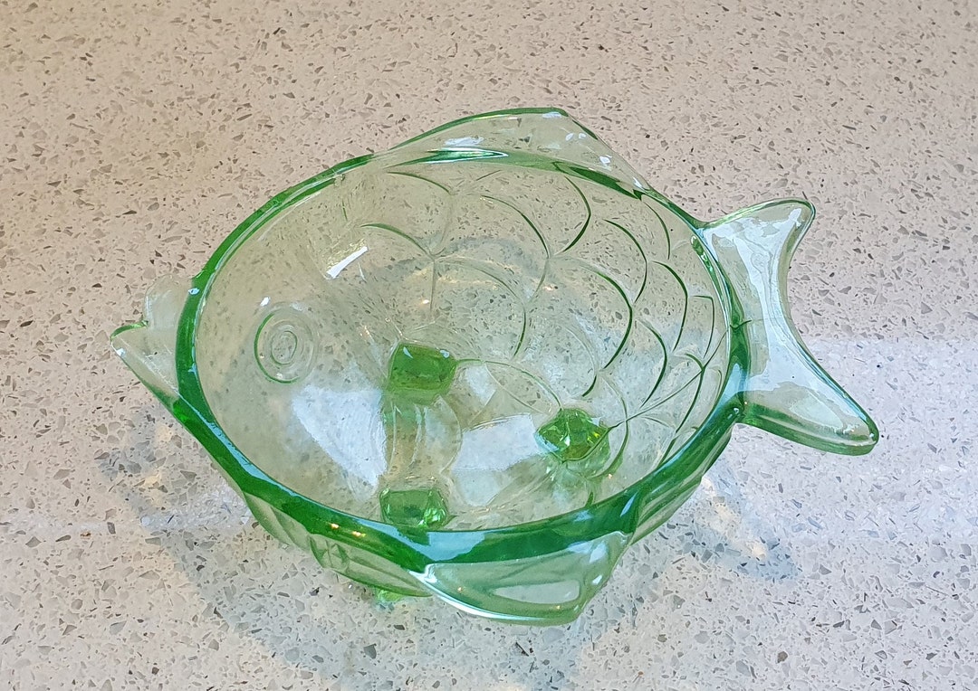 Large Fish Shaped Bowl, Green Glass, Vintage, Vintage Green Glass ...