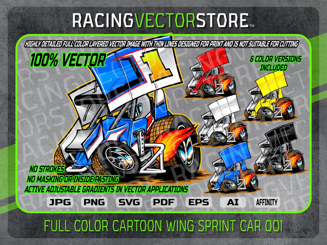 Cartoon Wing Sprint Car Race Car Highly Detailed FULL COLOR Clip Art ...
