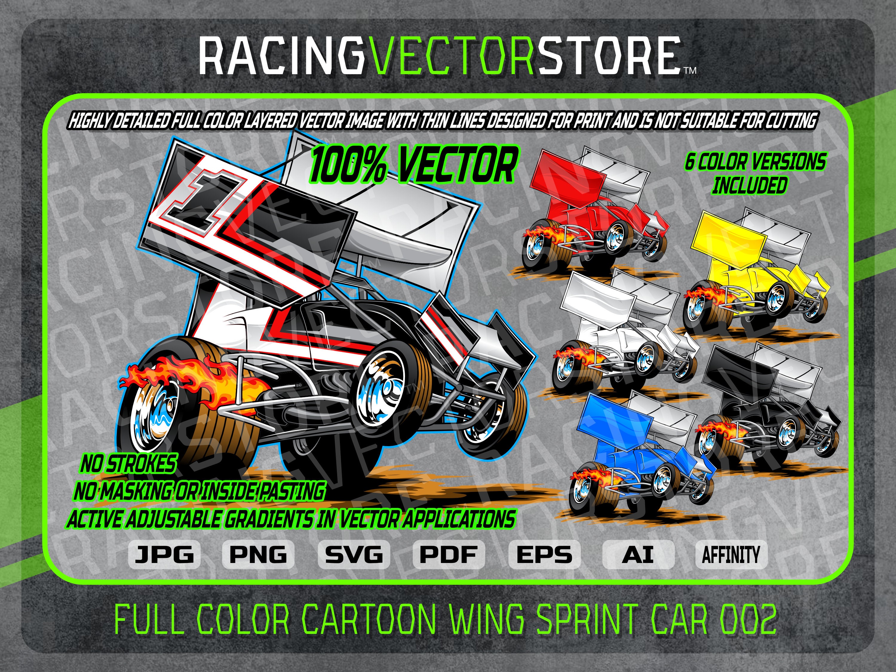 Cartoon Wing Sprint Car Race Car Highly Detailed FULL COLOR Clip Art ...