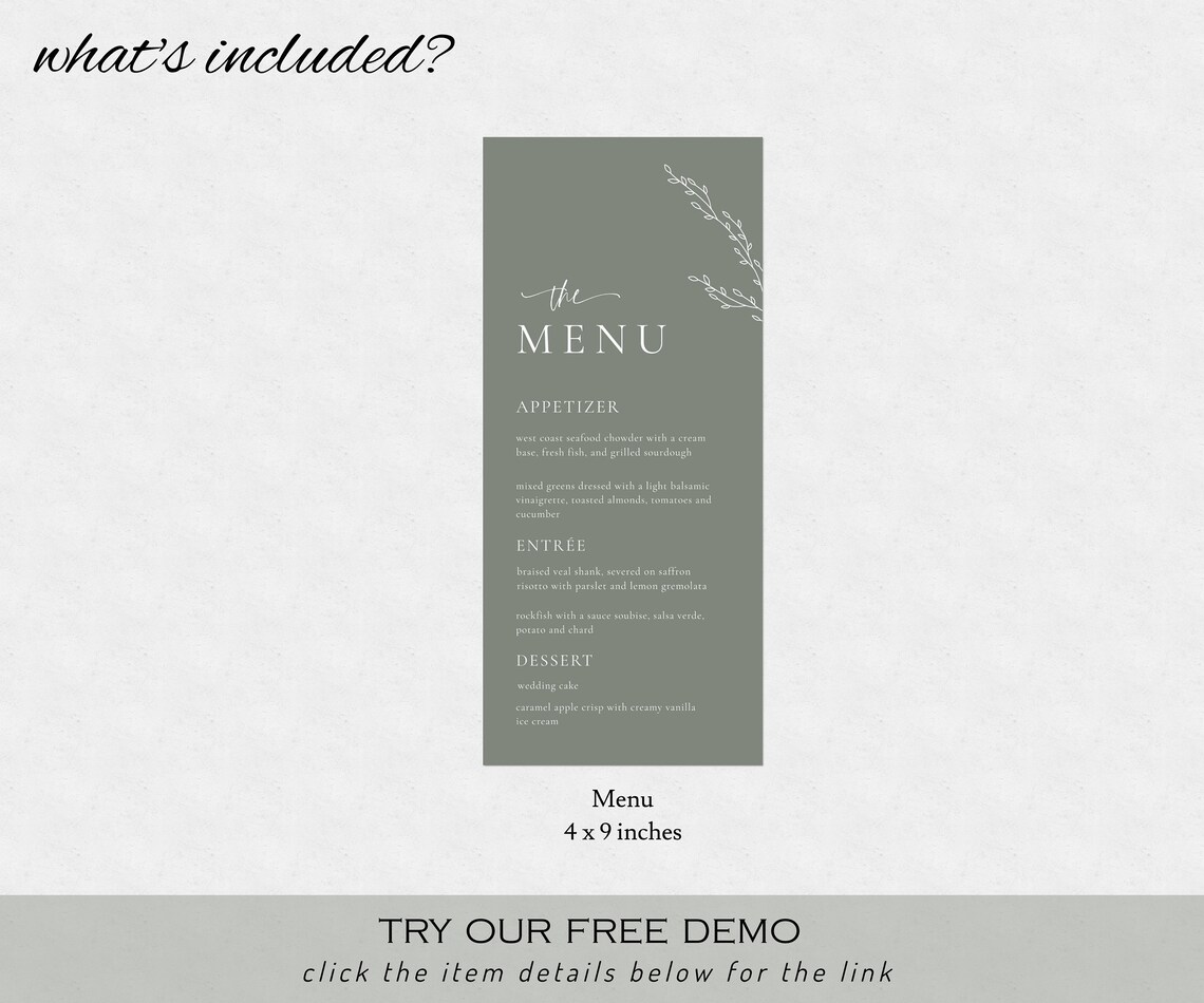 Sage Green Wedding Menu Template Modern Green Wedding Menu Simple ...