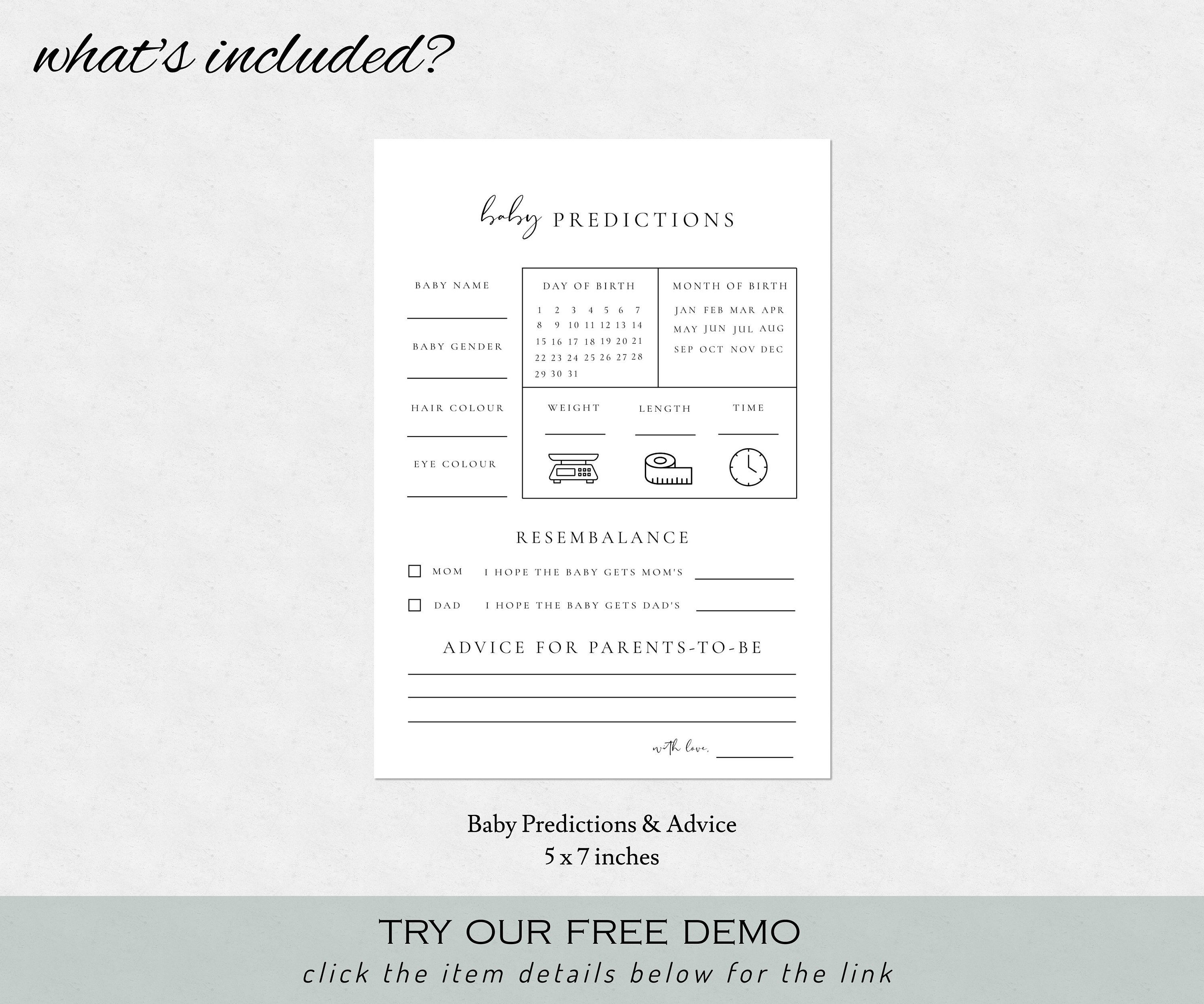 Baby Shower Predictions and Advice Cards Editable Baby Prediction Card ...