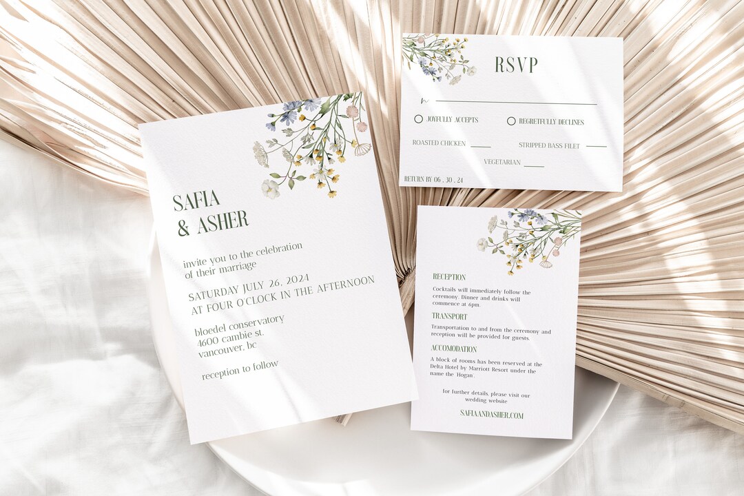 ISLA Blue Wildflower Wedding Invitation Suite Template | Boho Floral ...