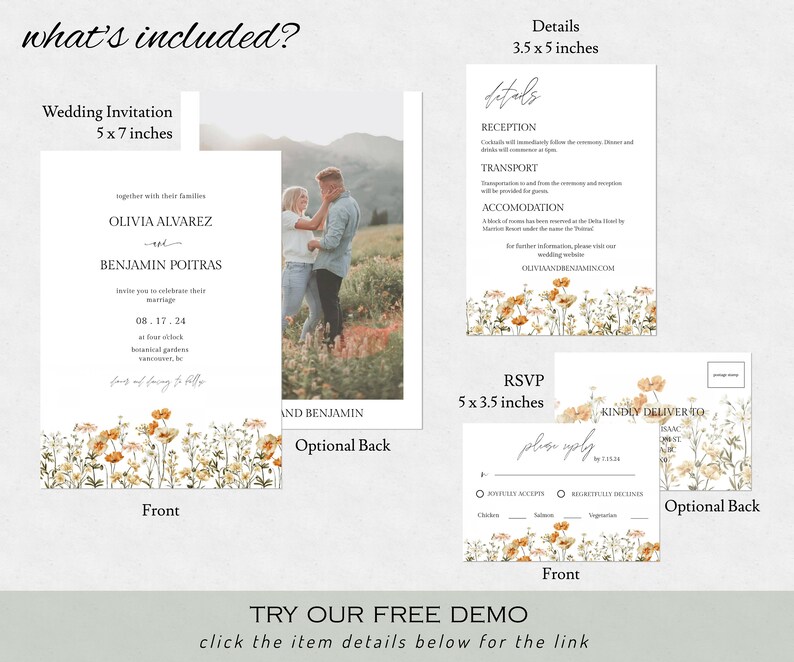 ZOE Autumn Wildflower Wedding Invitation Set Template Burnt - Etsy