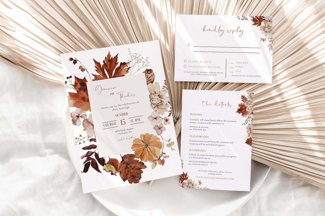 CLARA Fall Wedding Invitation Set Template | Rustic Autumn Wedding ...