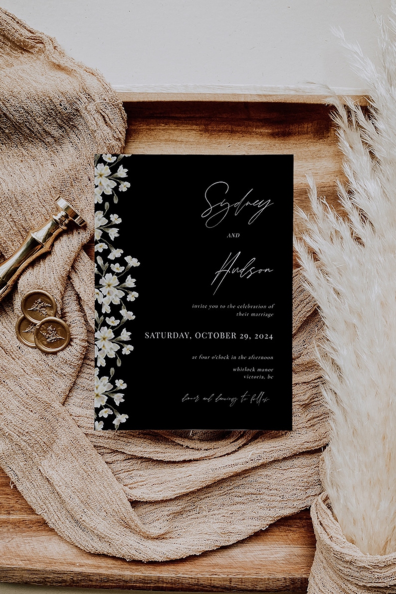 ARIA Black Floral Wedding Invitation Template Black and - Etsy