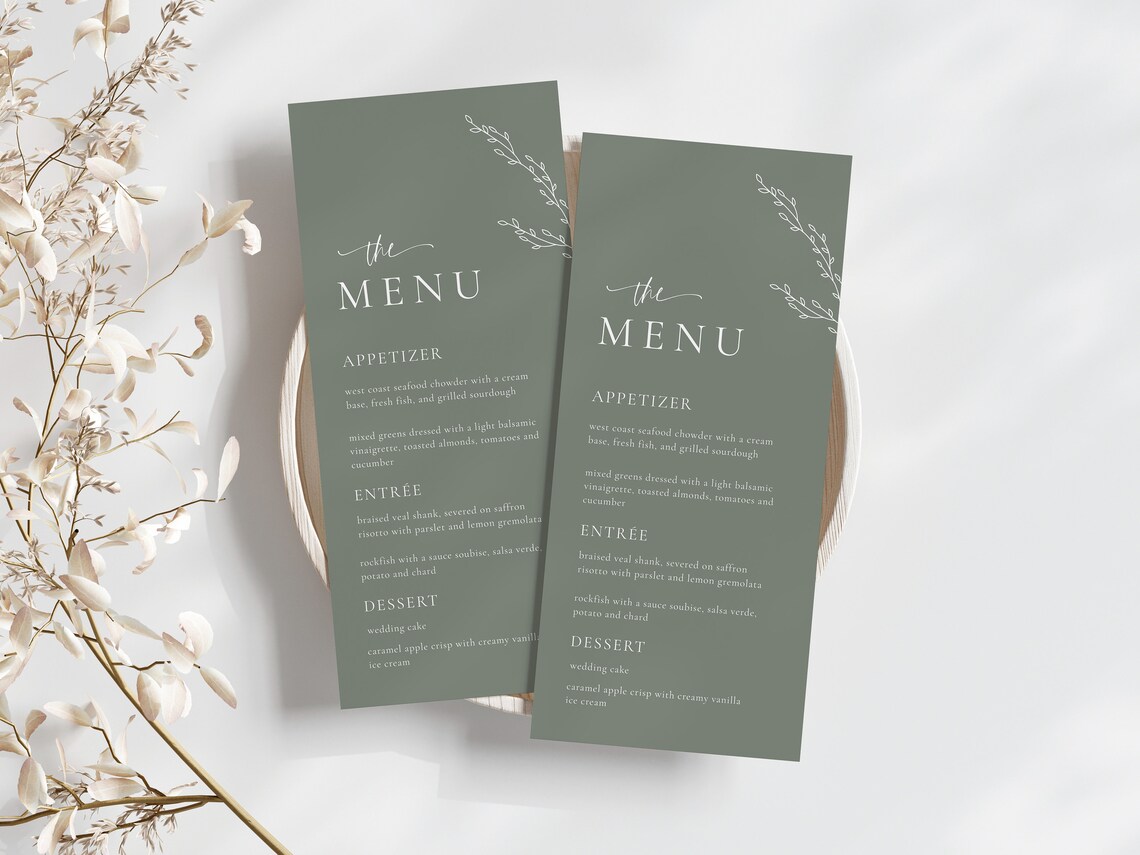 Sage Green Wedding Menu Template Modern Green Wedding Menu Simple ...