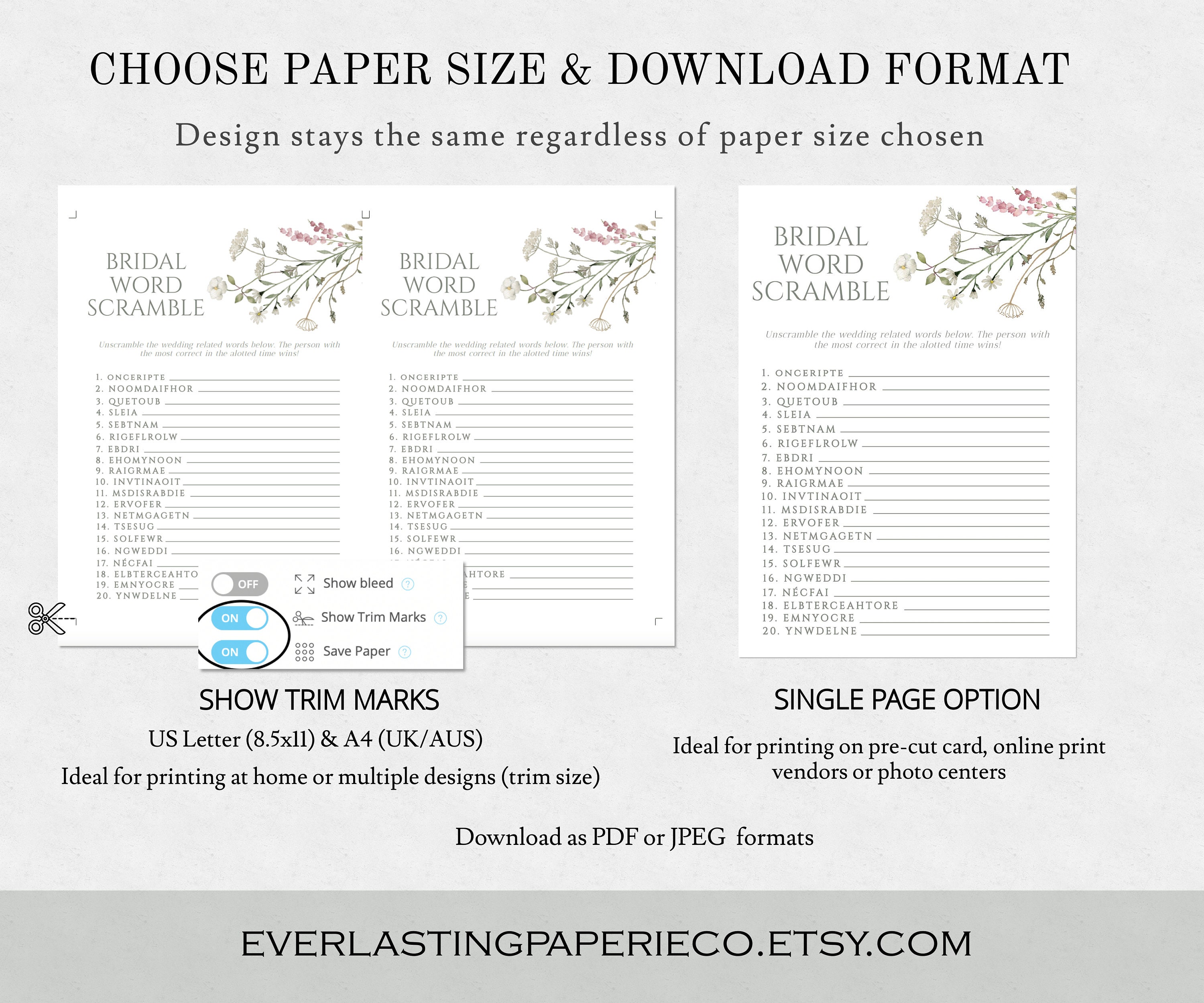 ISLA Word Scramble Bridal Shower Game Printable Floral Couples Shower ...
