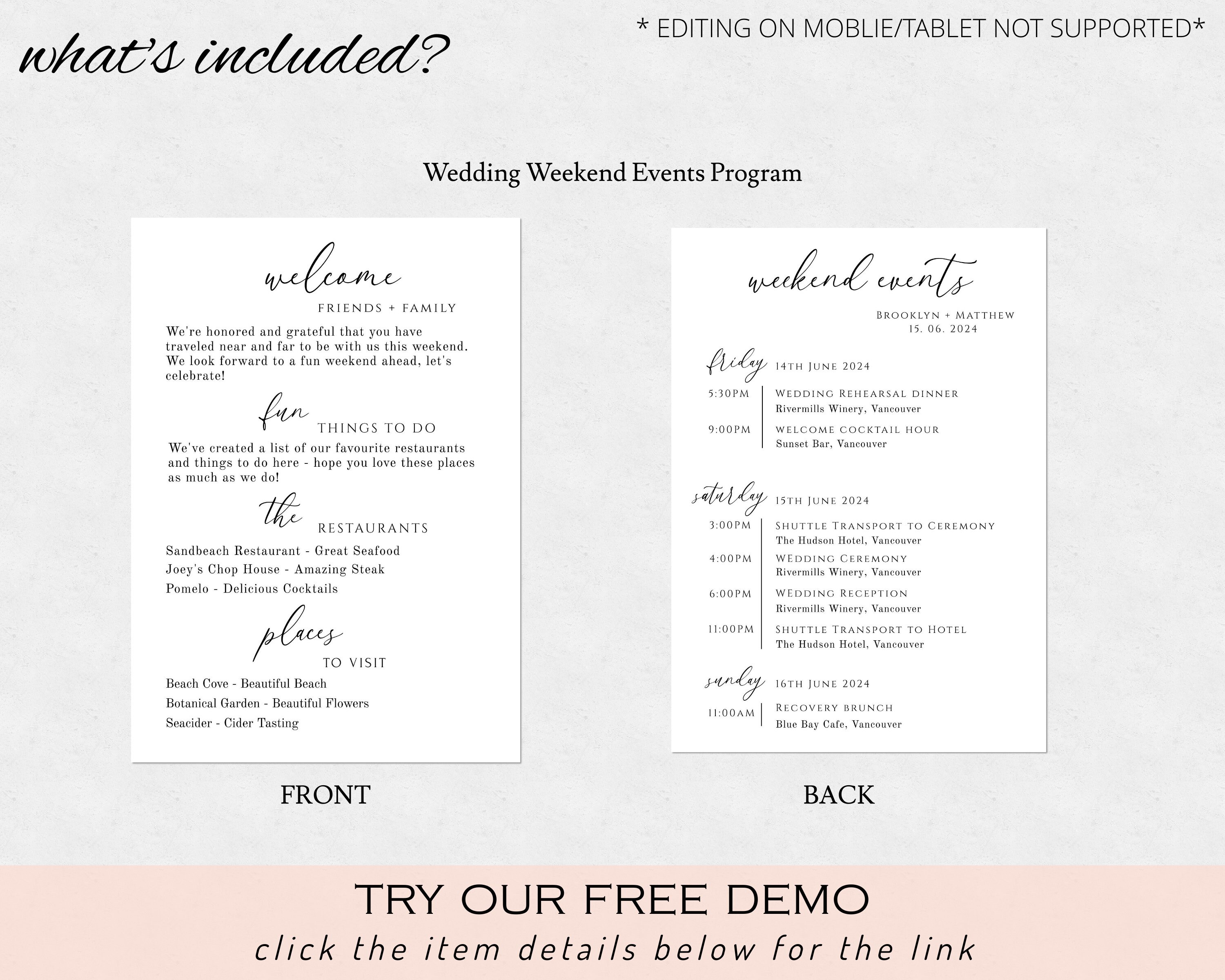 Wedding Itinerary Template Card Download Modern Wedding Weekend ...