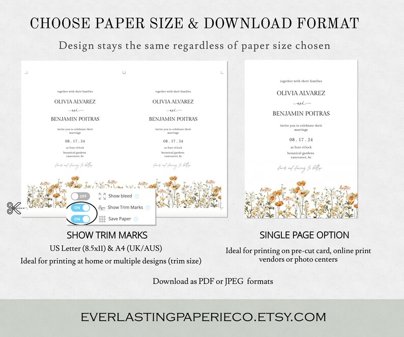 ZOE Autumn Wildflower Wedding Invitation Set Template Burnt - Etsy