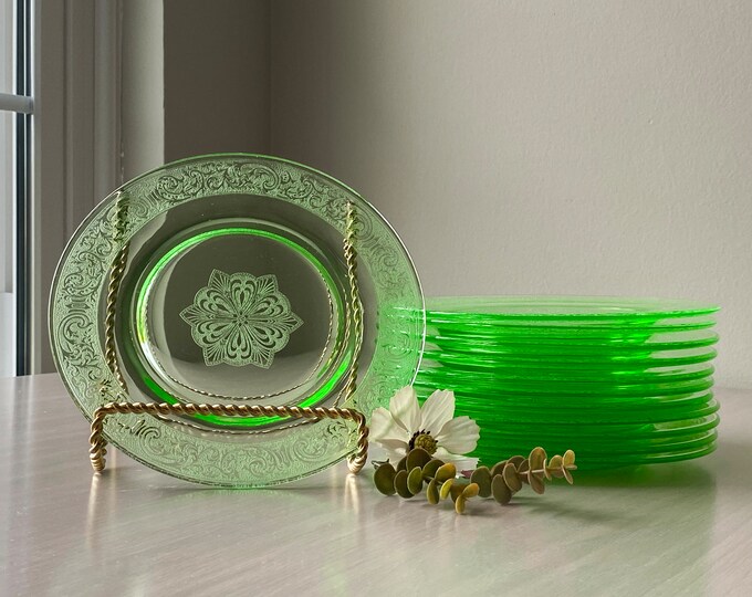 Vintage Depression Glass Plates Set of 12, Mid-century Uranium Light ...