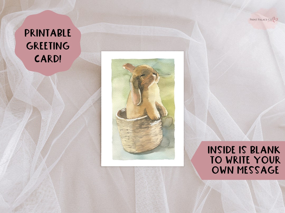Easter Bunny Greeting Card: Watercolor Bunny in Basket (digital ...