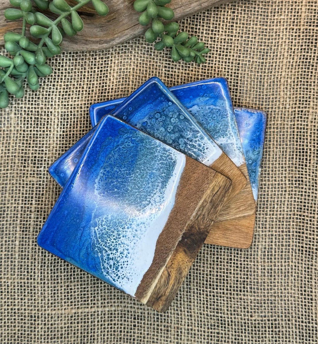OCEAN WAVES COASTERS in Resin, Ocean Blue, Wooden, Handmade - Etsy