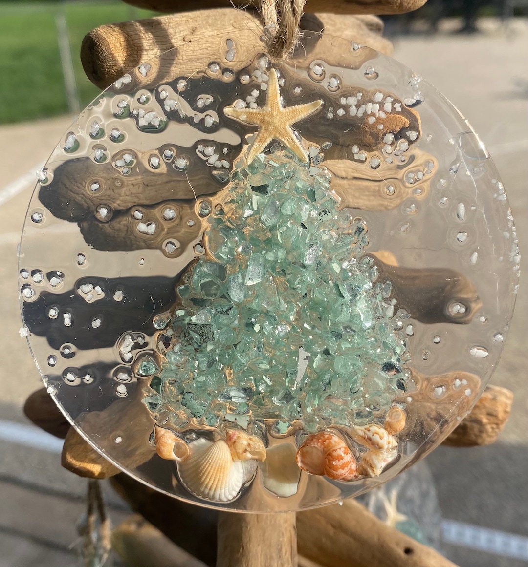 Coastal Christmas Tree Ornament – Aqua Glass, Shells, Starfish - Etsy