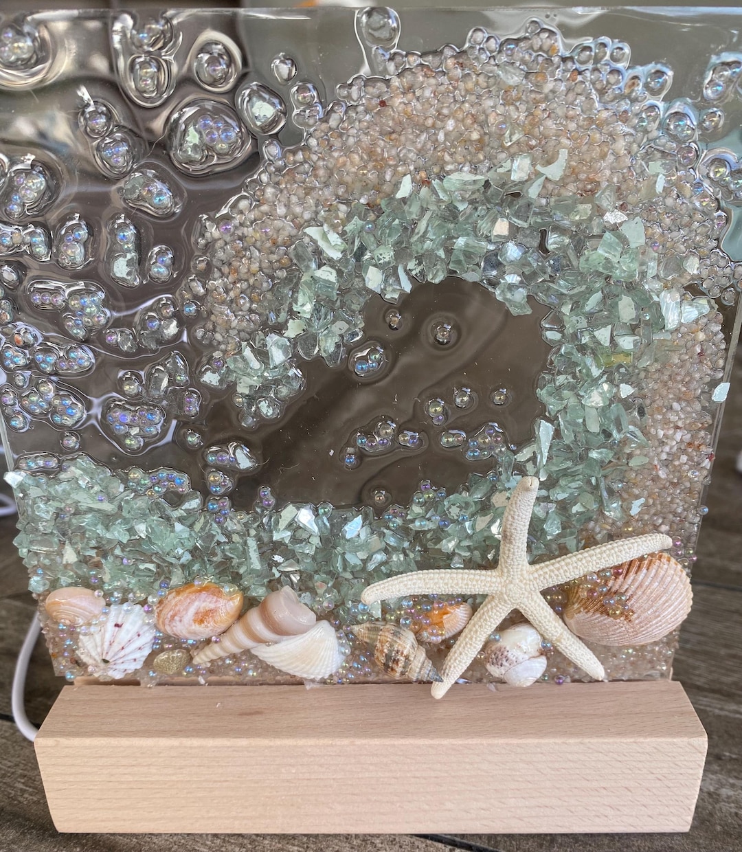 Coastal Wave LED Acrylic Lighted Beach on Wood Base, Aqua With Starfish ...