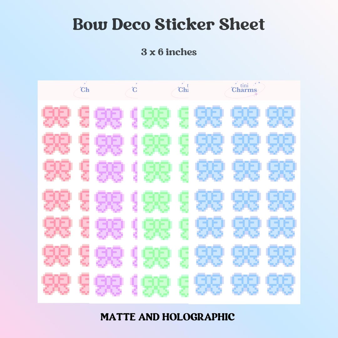 Ribbon Bow Pixel Sticker Sheet: Pink,blue,purple,green - Pixel Bow ...