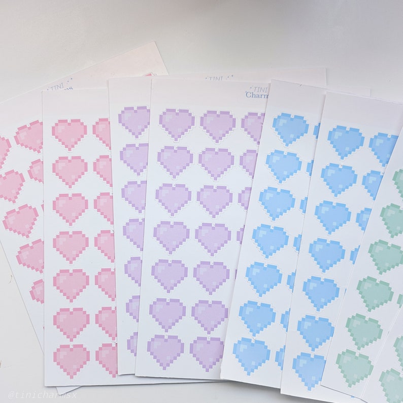 Heart Pixel Sticker Sheet: Pink,blue,purple,green Pixel Heart Stickers ...