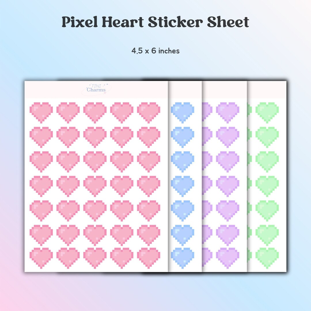 Heart Pixel Sticker Sheet: Pink,blue,purple,green Pixel Heart Stickers ...