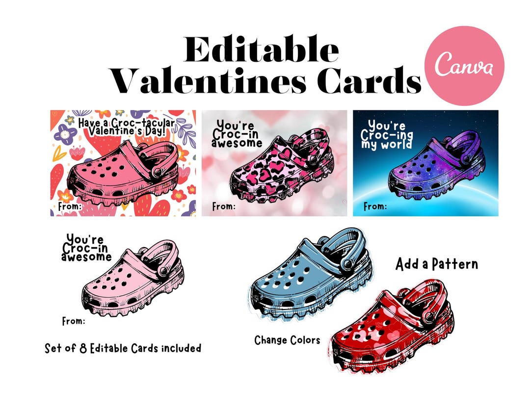 Croc Valentine Cards: Funny Shoe Charm Valentines (set of 8 Editable ...