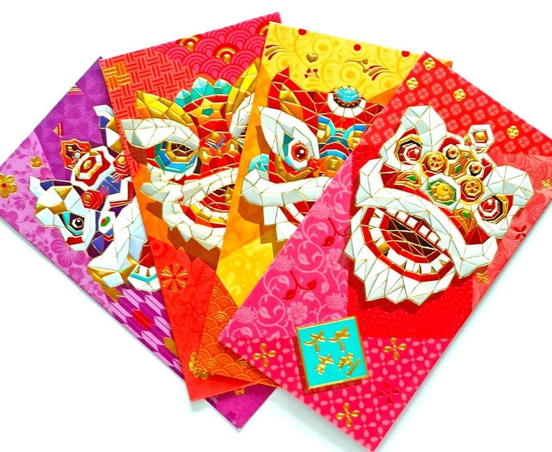 2026 Modern Mosaic Lion Dance Year Horse CNY Lunar Chinese New Year Red ...
