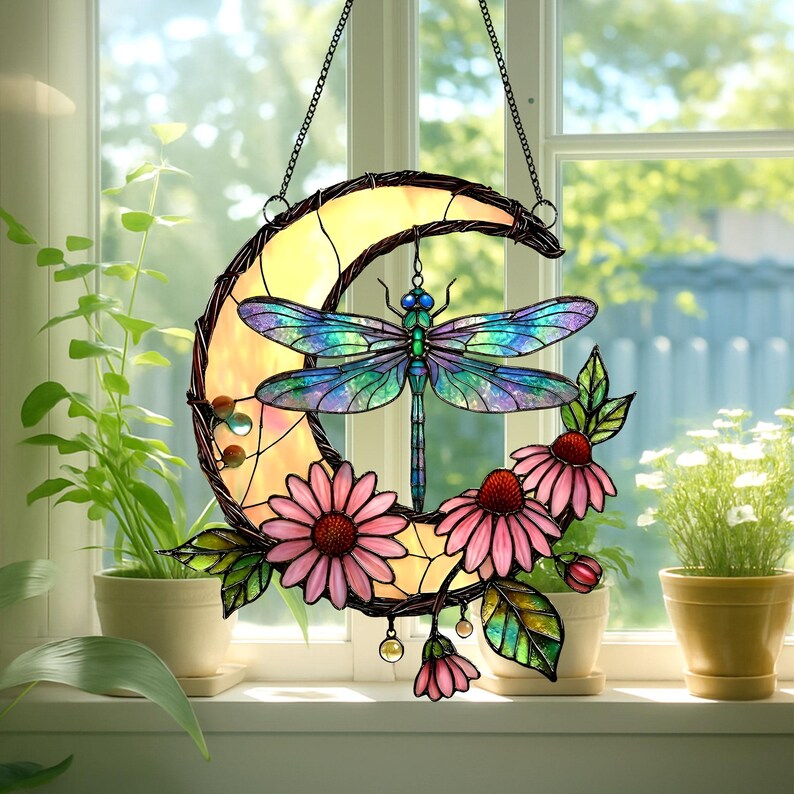 Dragonfly Flower Stained Glass Acrylic Window Hanging for Garden and ...